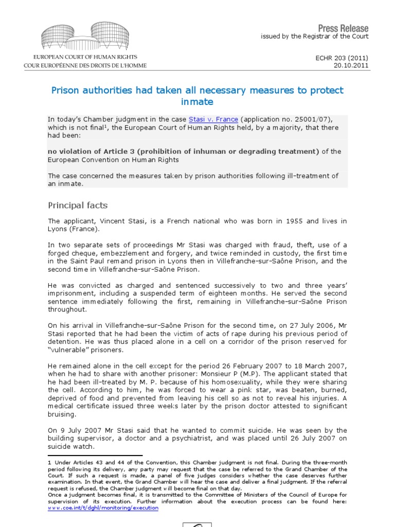 Chamber Judgment Stasi v. France 20.10.11 | PDF | Prison | Remand (Detention)