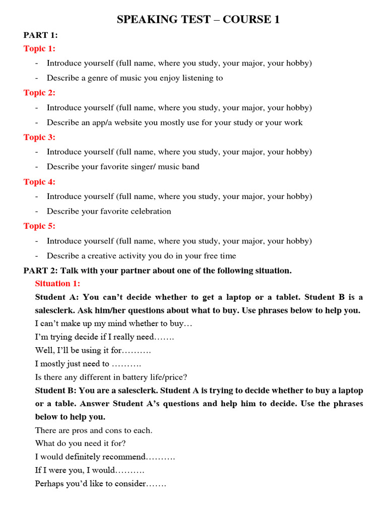 Speaking Test - Course 1 - VT | PDF