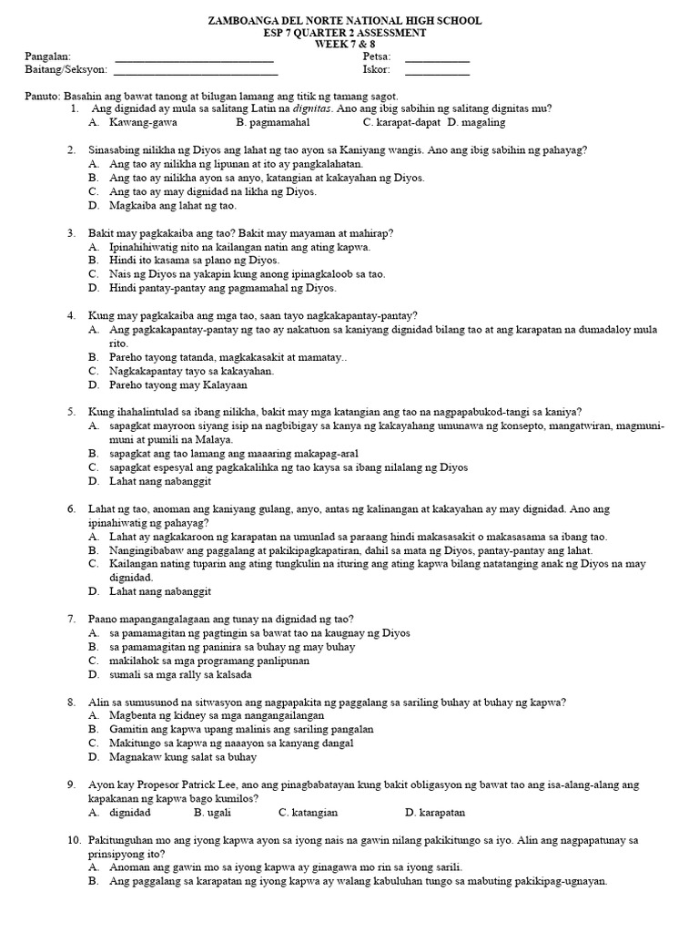 Esp 7 Q2 Assessment Week 7 8 | PDF