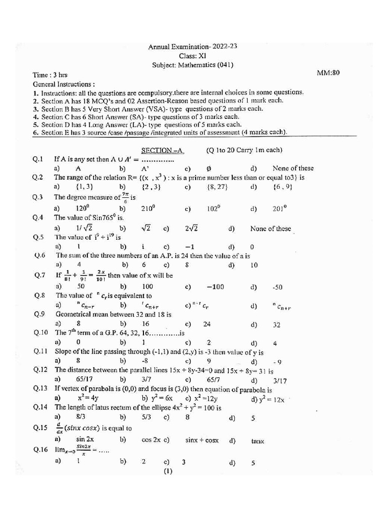 11th Maths Annual Practice Paper | PDF