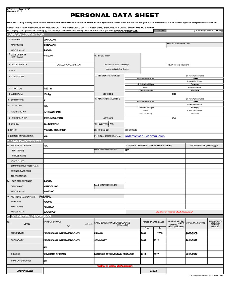 Cs Form No. 212 Pds Blank 1 082242 | PDF