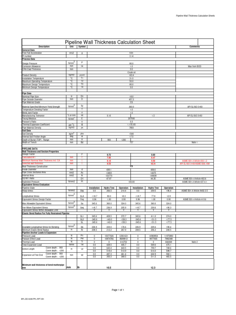 Pipeline Wall Thickness Calculation Sheet-18inch | PDF