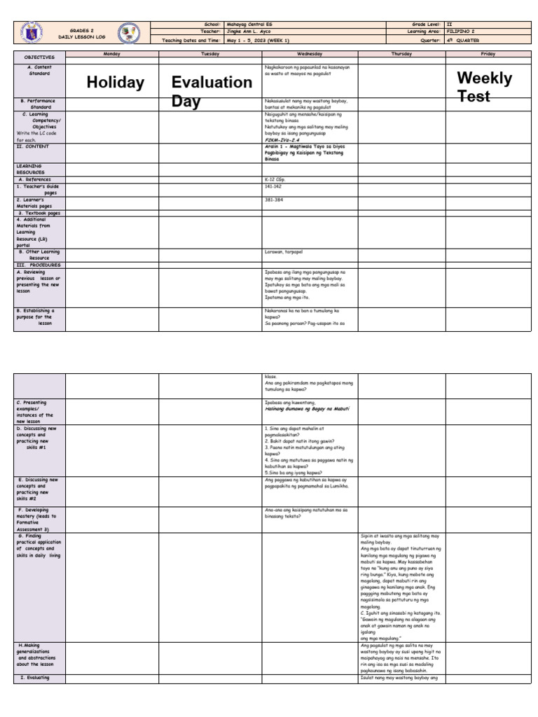 DLL Filipino Q4 W1 | PDF