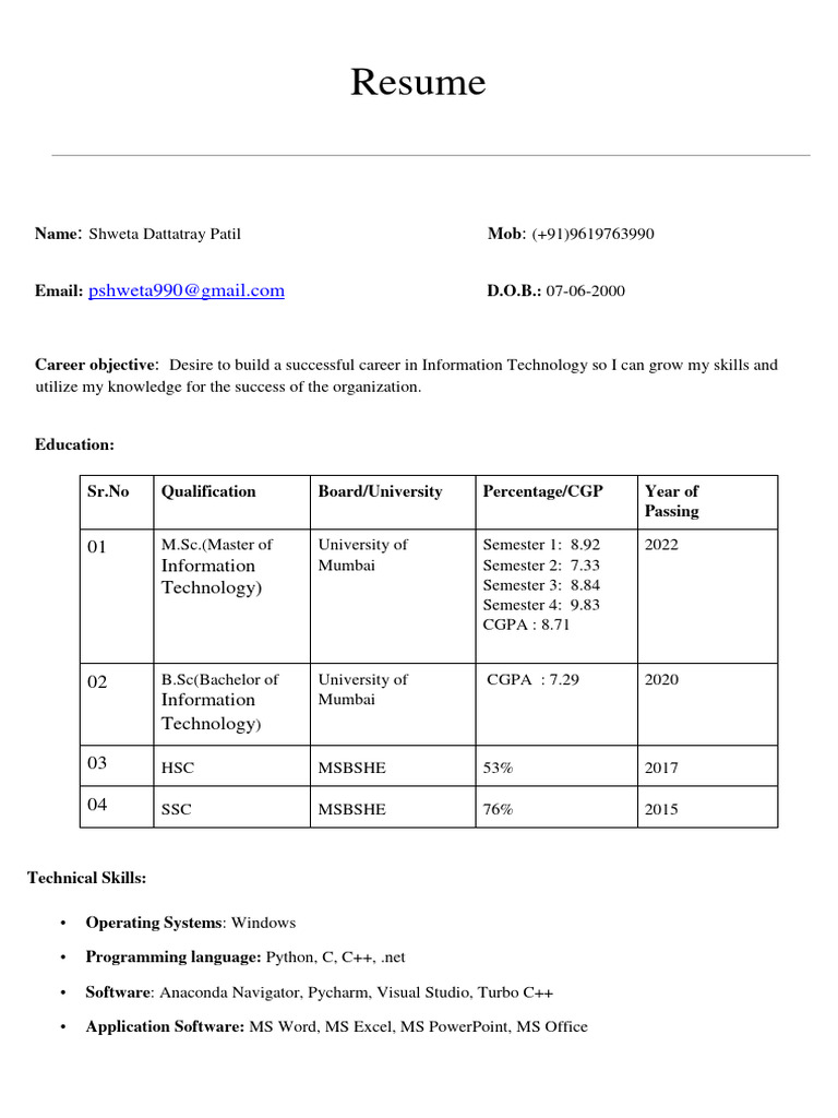 Shweta CV New | PDF | Business | Computers