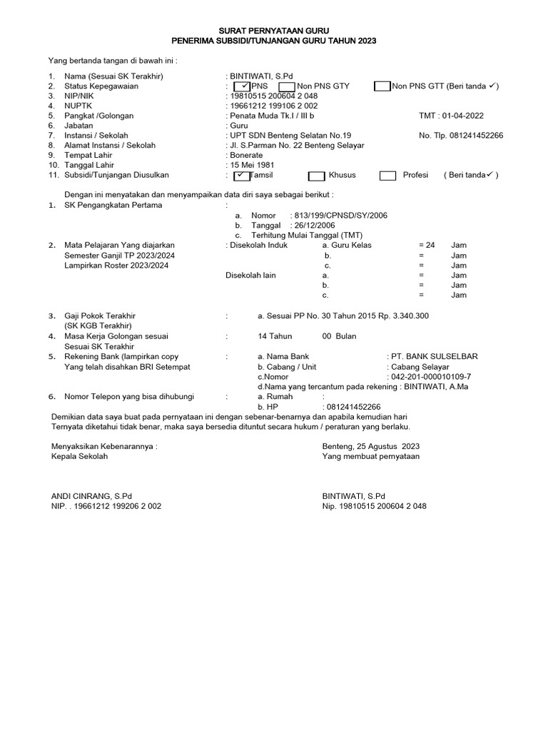 Surat Pernyataan Tamsil Bintiwati | PDF