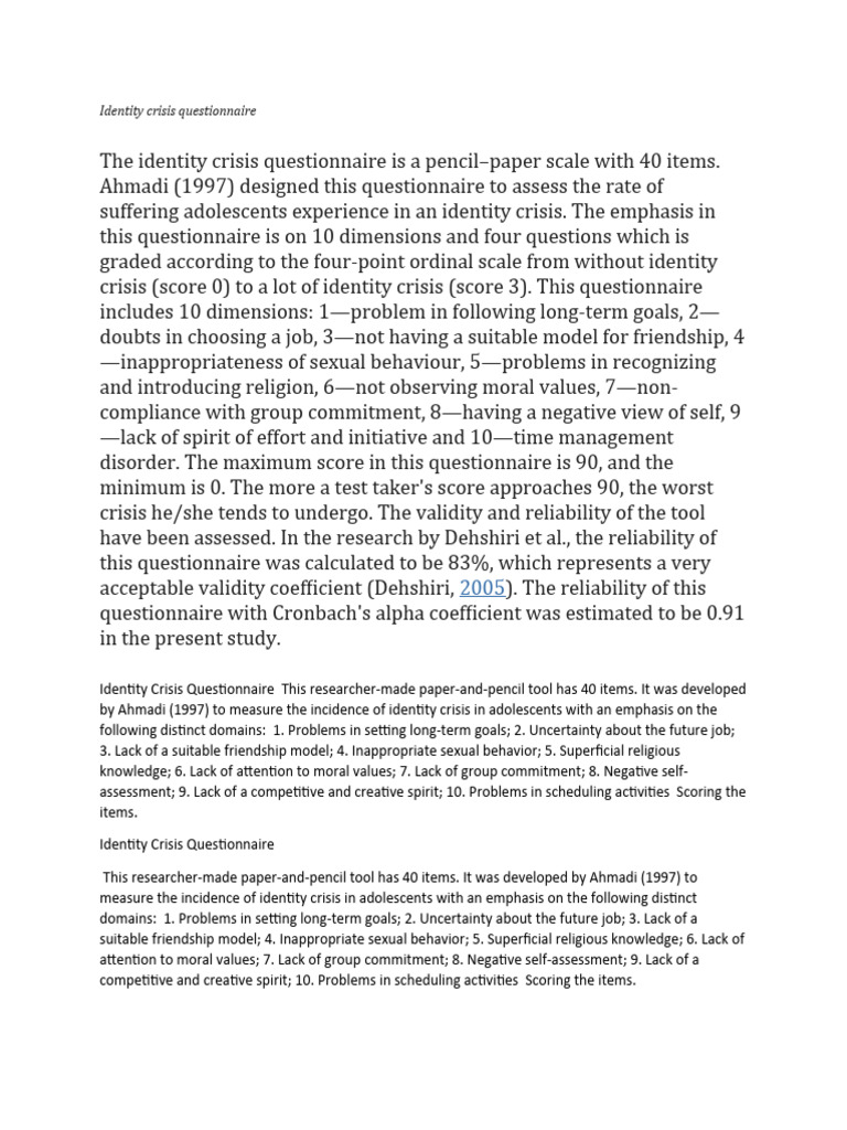 Identity Crisis Questionnaire | PDF