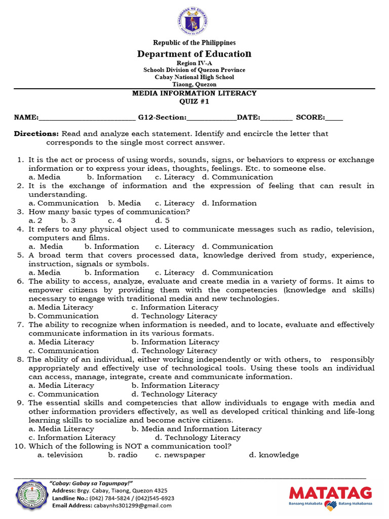 Media Information Literacy Quiz G12 | PDF