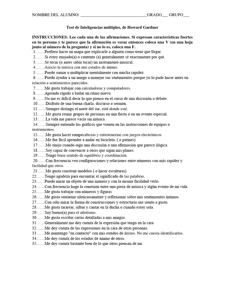 Test de Inteligencias Múltiples, de H. Gardner (Diagnostico) | PDF