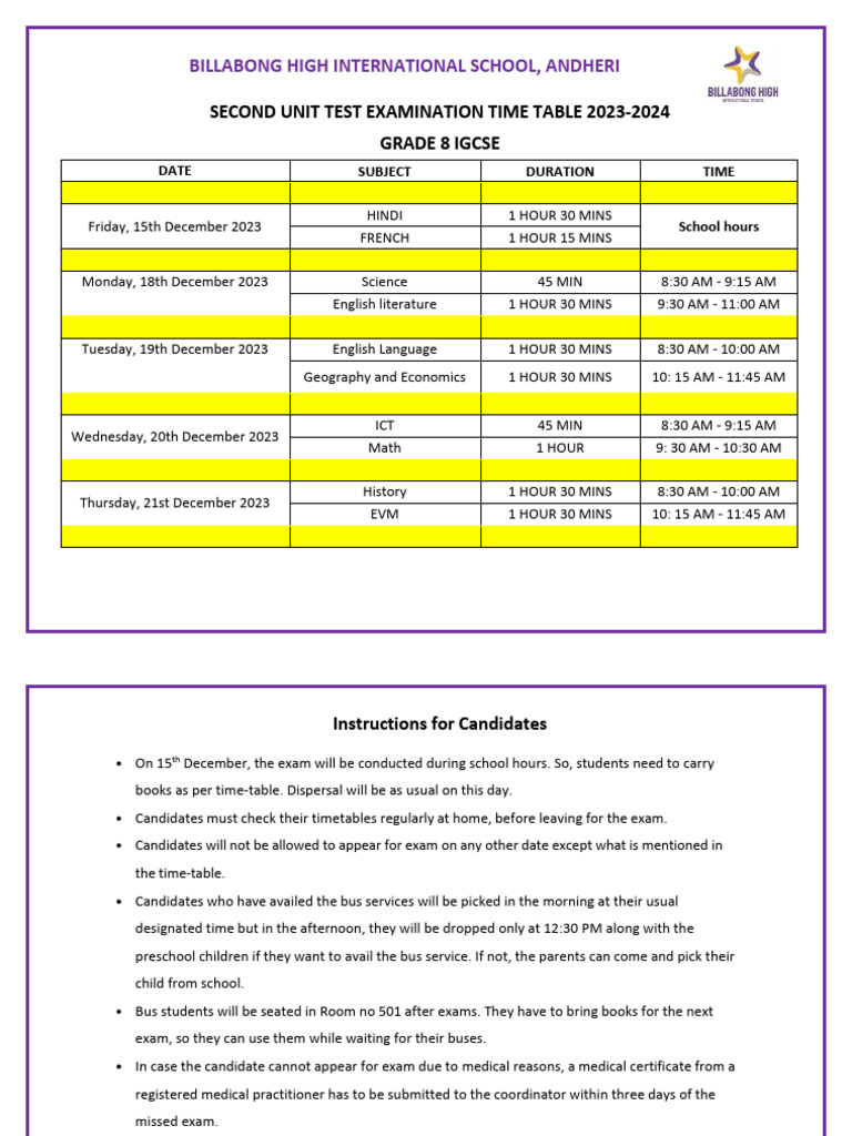 Second Unit Test Examination Time Table 2023-2024 Grade 8 Igcse | PDF