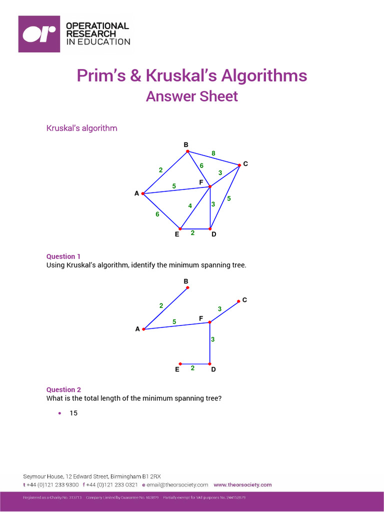 Or in Education - Prim's and Kruskal's Algorithm Answer Sheet | PDF ... Or in Education - Prim's and Kruskal's Algorithm Answer Sheet | PDF ...