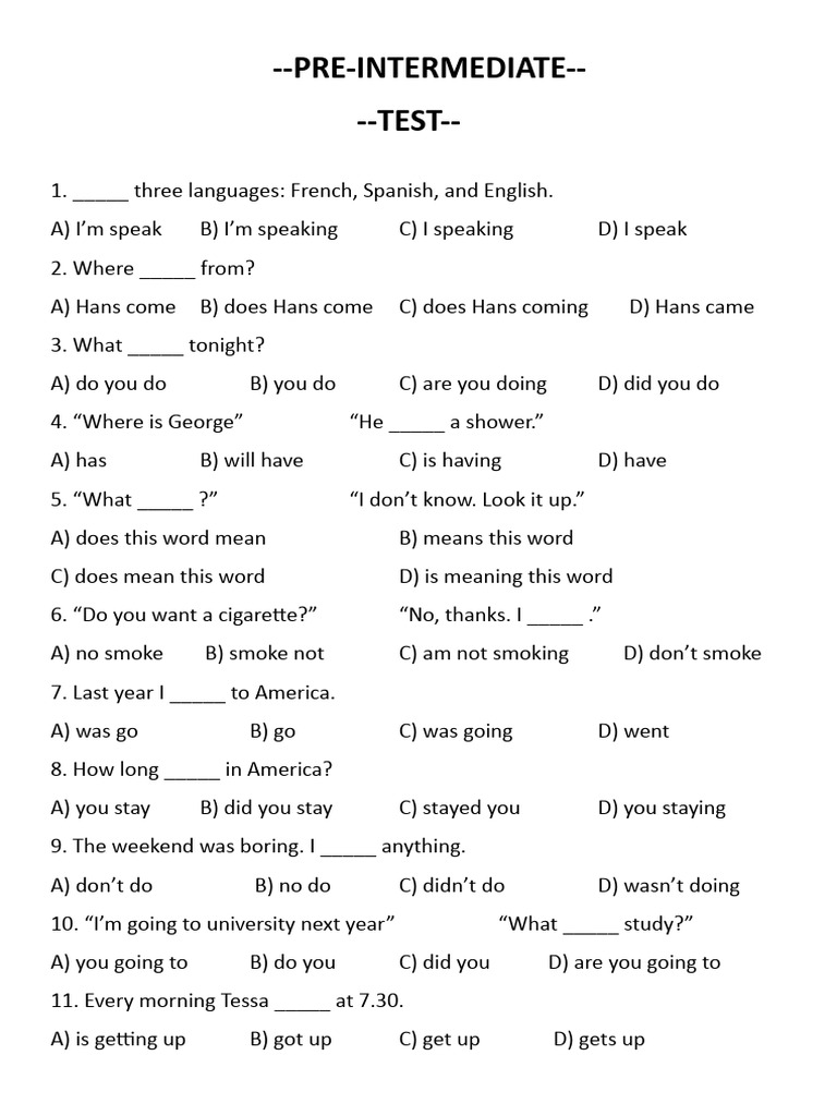 Pre-Intermediate Test | PDF