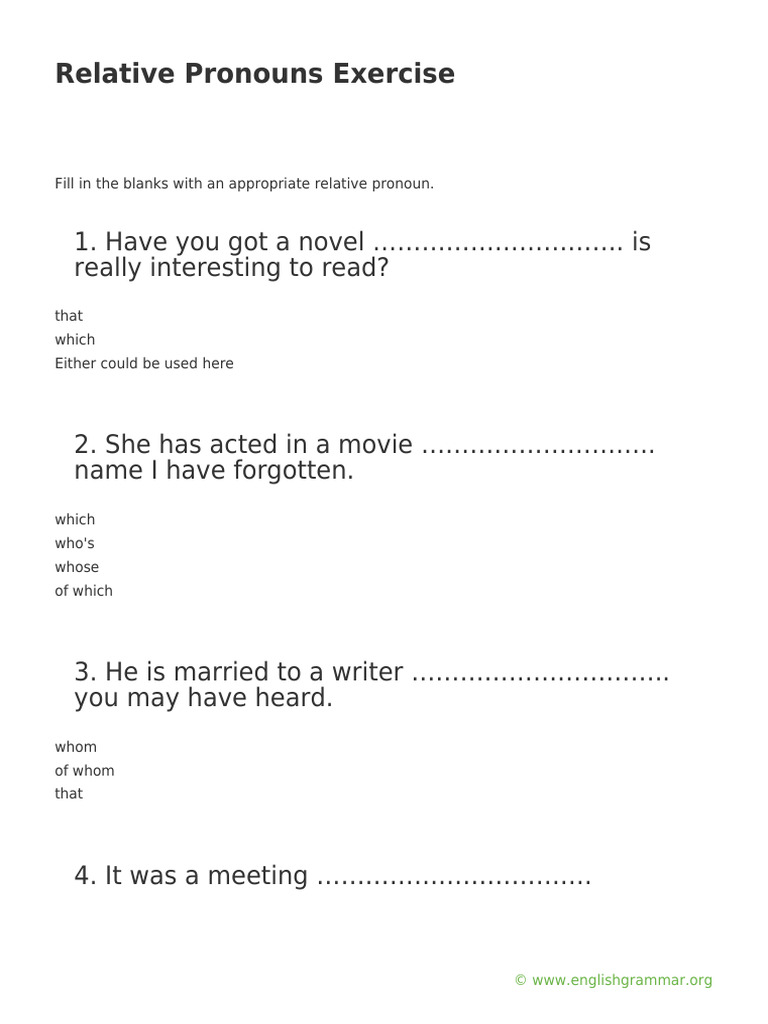 Relative Pronouns Fill-in-the-Blanks Exercise | PDF