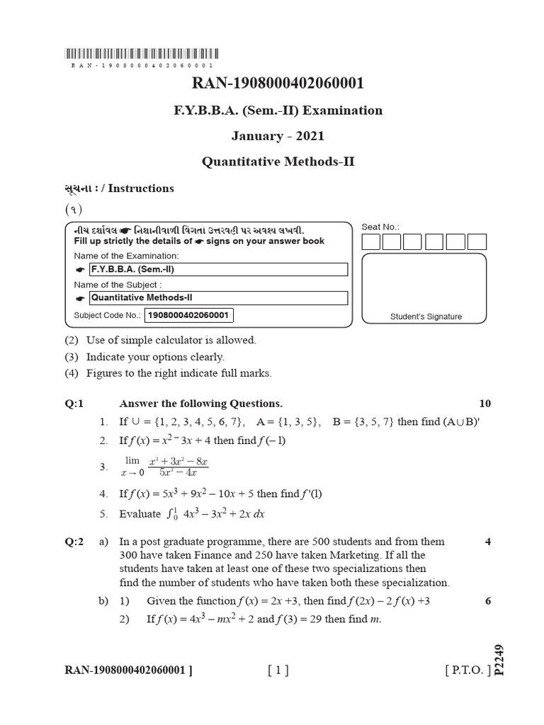 F. Y. B.B.A. (Sem.-II) Examination January - 2021 Quantitative Methods-II(0) | PDF