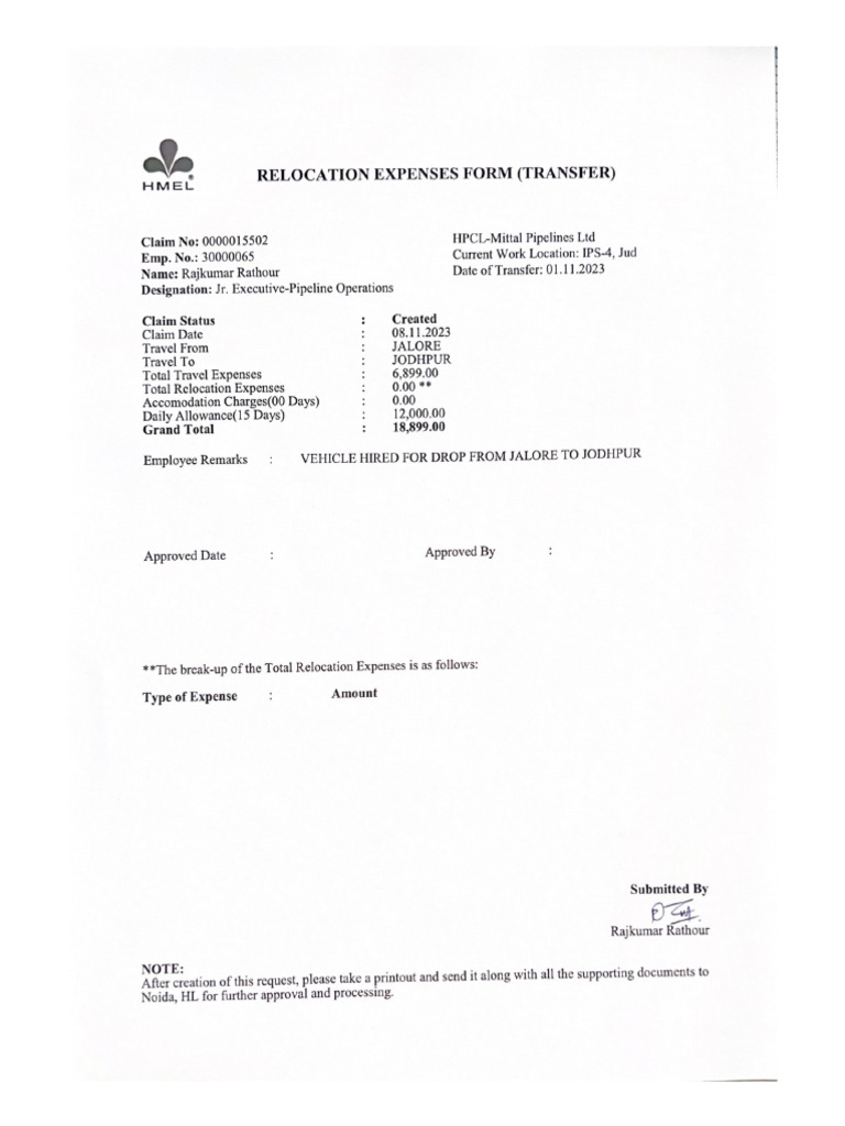 Relocation Expenses Form (Transfer) | PDF