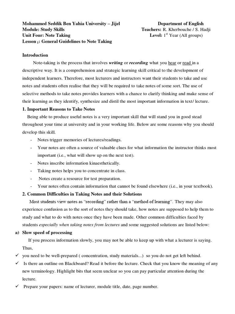 Note Taking Guidelines | PDF