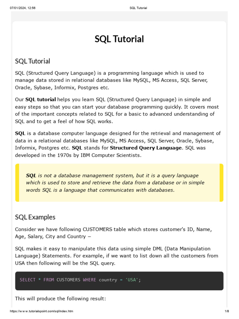 SQL Tutorial | PDF