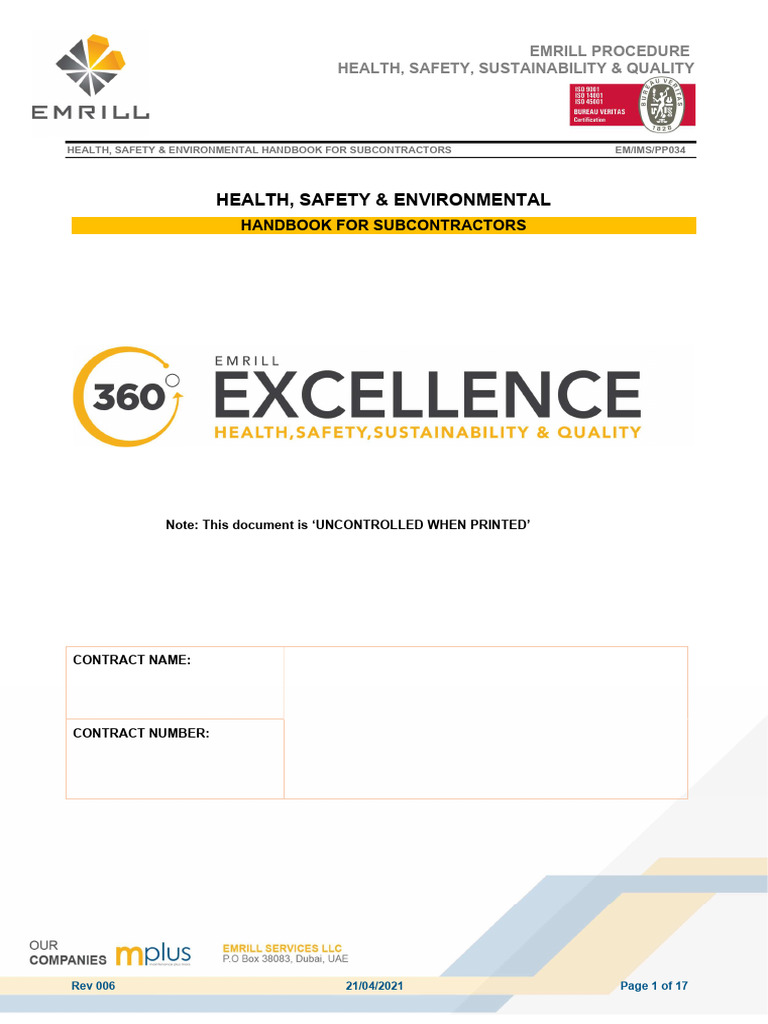 Appendix 5 - Contractors HSE Hand Book | PDF | Occupational Safety And ...