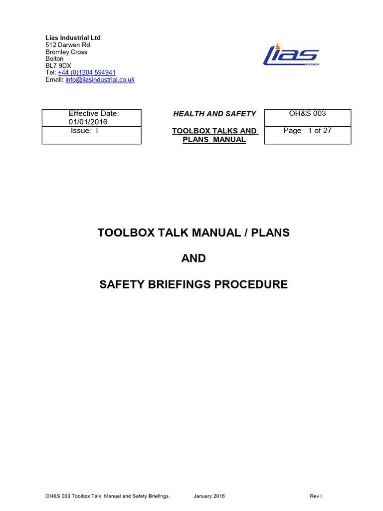 OH&S 003 Toolbox Talk Manual and Safety Briefings | PDF