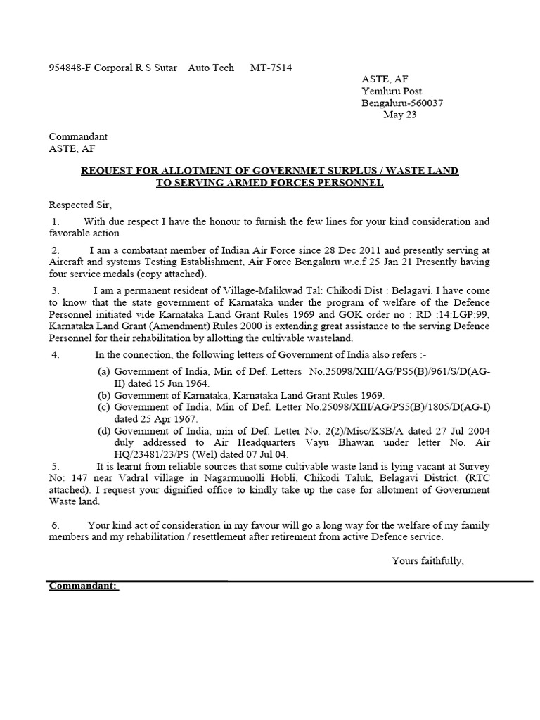 Request For Allotment of Governmet Surplus / Waste Land To Serving Armed Forces Personnel | PDF