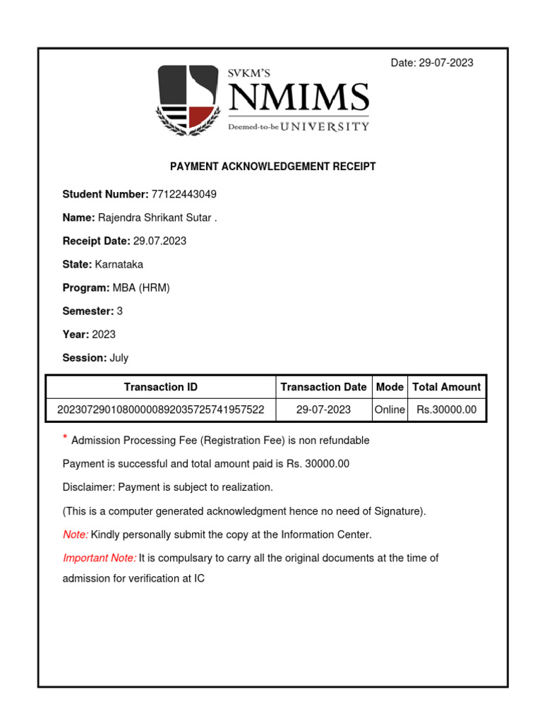 Payment Receipt Sem 3 | PDF