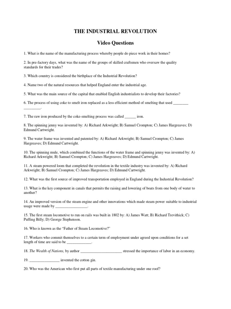 The Industrial Revolution Video Questions | PDF | Art | Technology ...