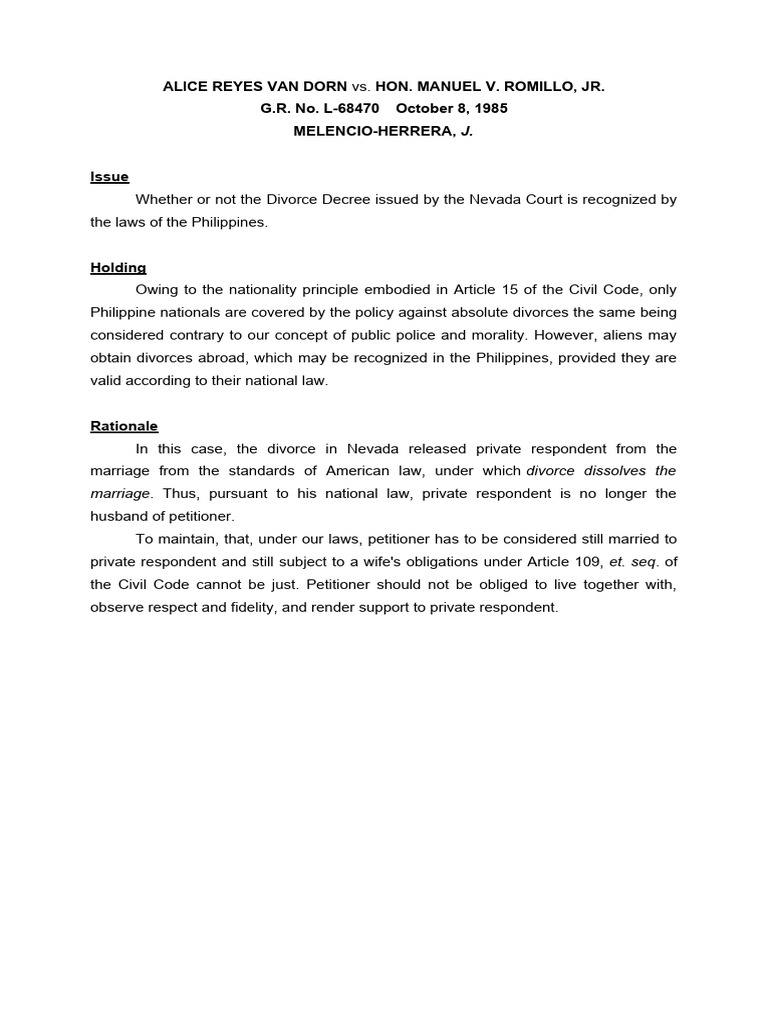 ALICE REYES VAN DORN vs. HON. MANUEL V. ROMILLO, JR. | PDF ALICE REYES VAN DORN vs. HON. MANUEL V. ROMILLO, JR. | PDF