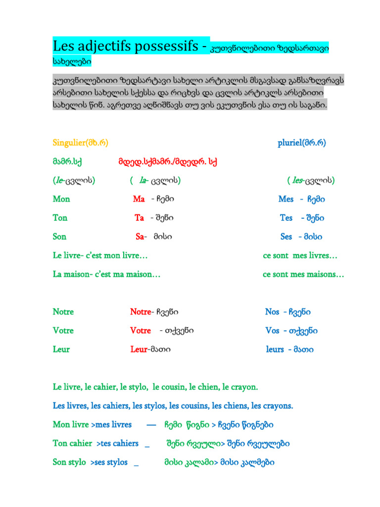 Les Adjectifs Possessifs | PDF
