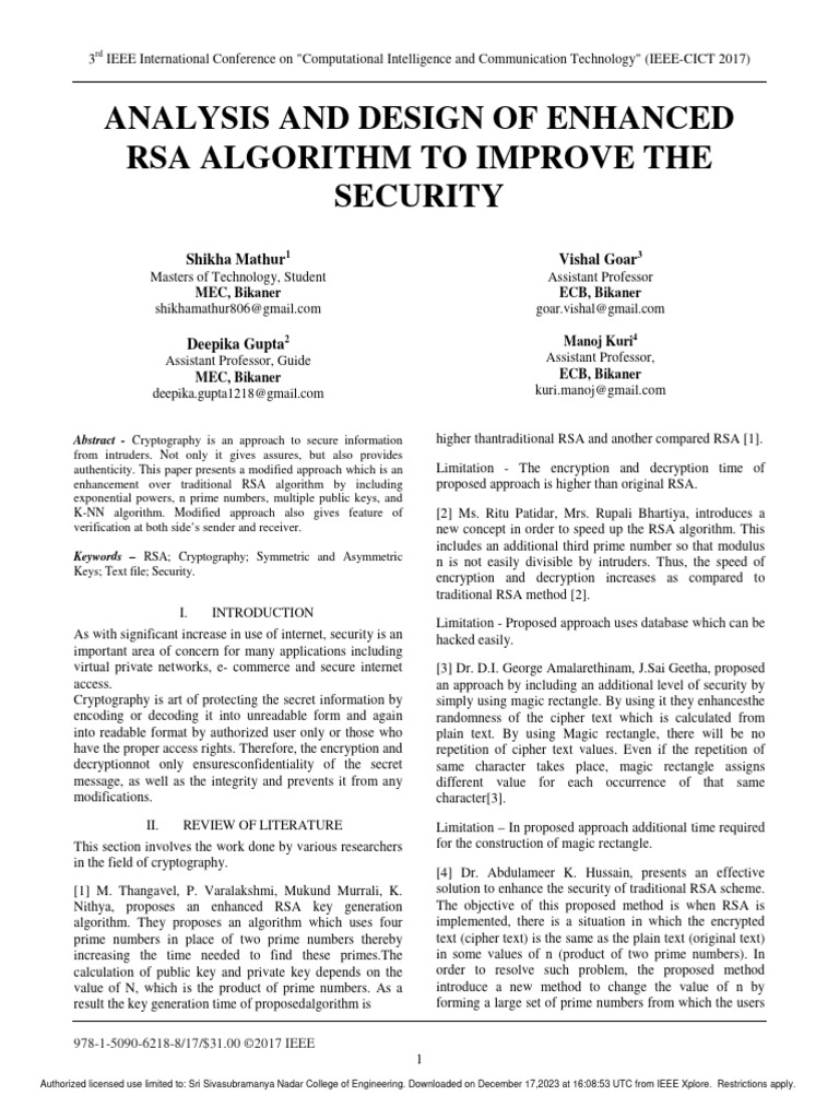 Analysis and Design of Enhanced RSA Algorithm To Improve The Security | PDF