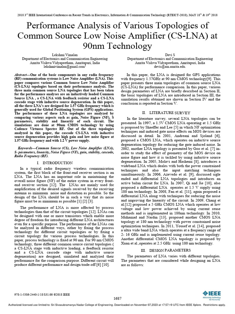 Performance Analysis of Various Topologies of Common Source Low Noise Amplifier CS-LNA at 90nm ...