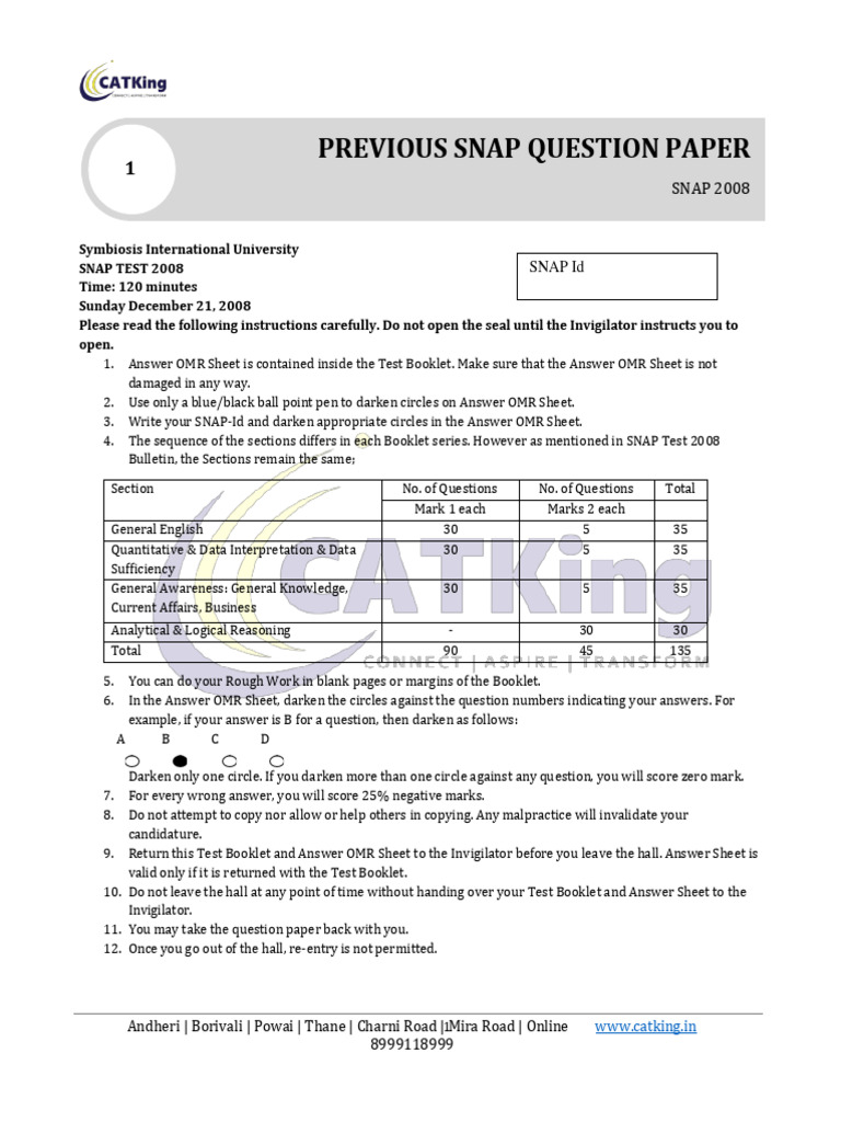 SNAP 2008 Question Paper and Ans Key | PDF