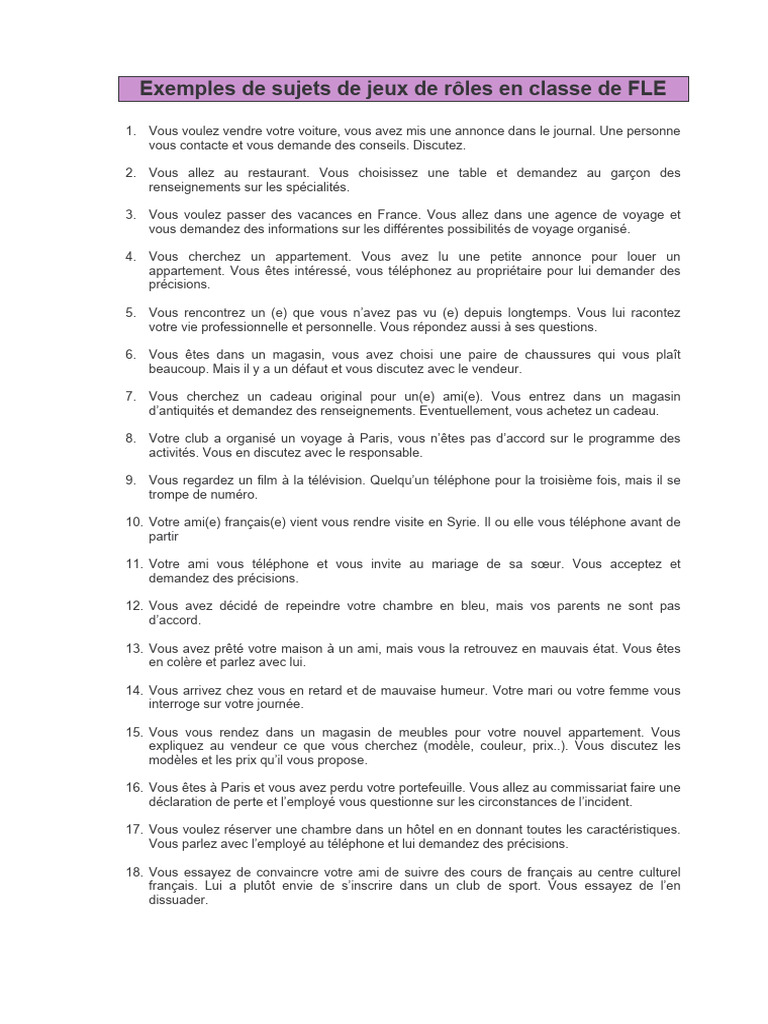 Exemples de Sujets de Jeux de Roles en Classe de Fle | PDF