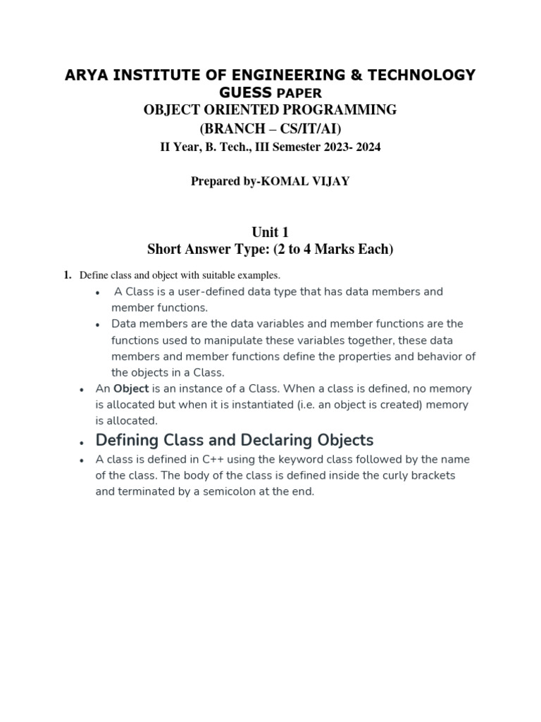 OOP Guess Paper Solution | PDF