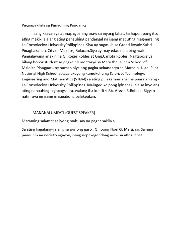 Pagpapakilala Sa Panauhing Pandangal | PDF