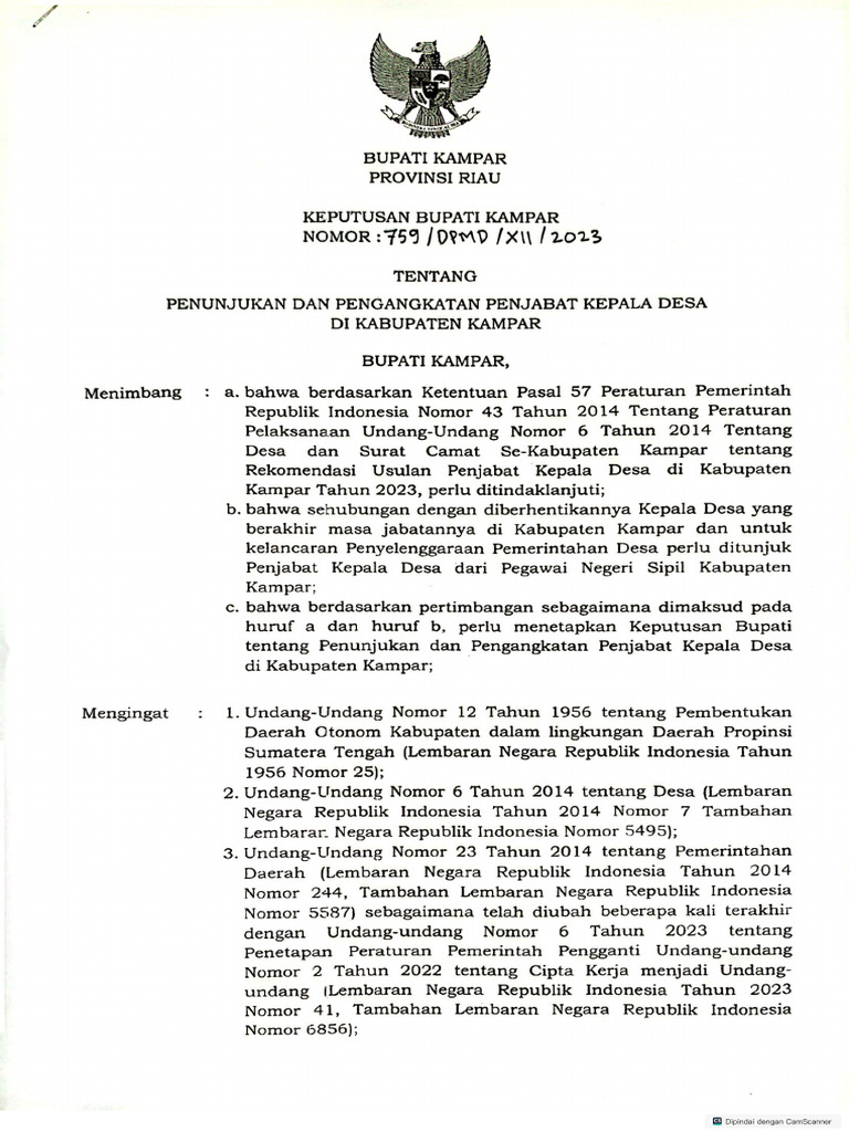 SK. Pengangkatan PJ. Kades | PDF