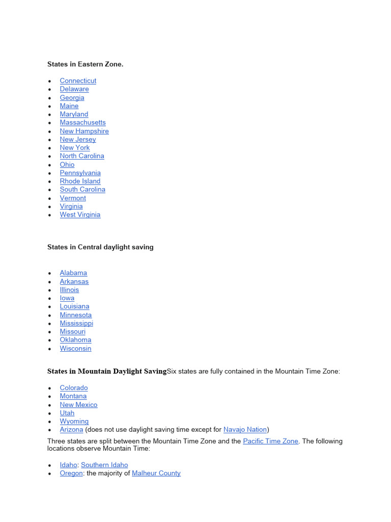 Eastern Time Zone States List | PDF