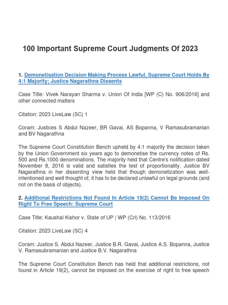 100 Important Supreme Court Judgments of 2023-1 | PDF | Social Science | Law