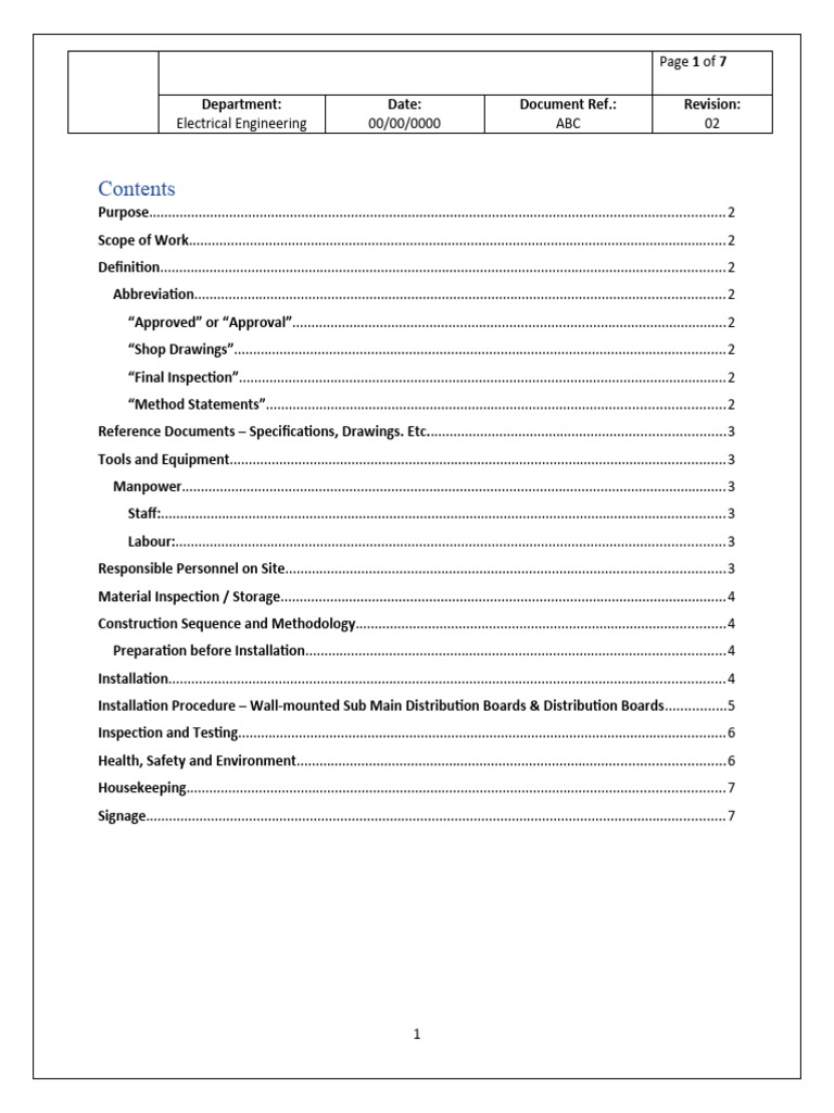 Method Statement For Installation of Sub-Main Distribution Boards (SMDB ...