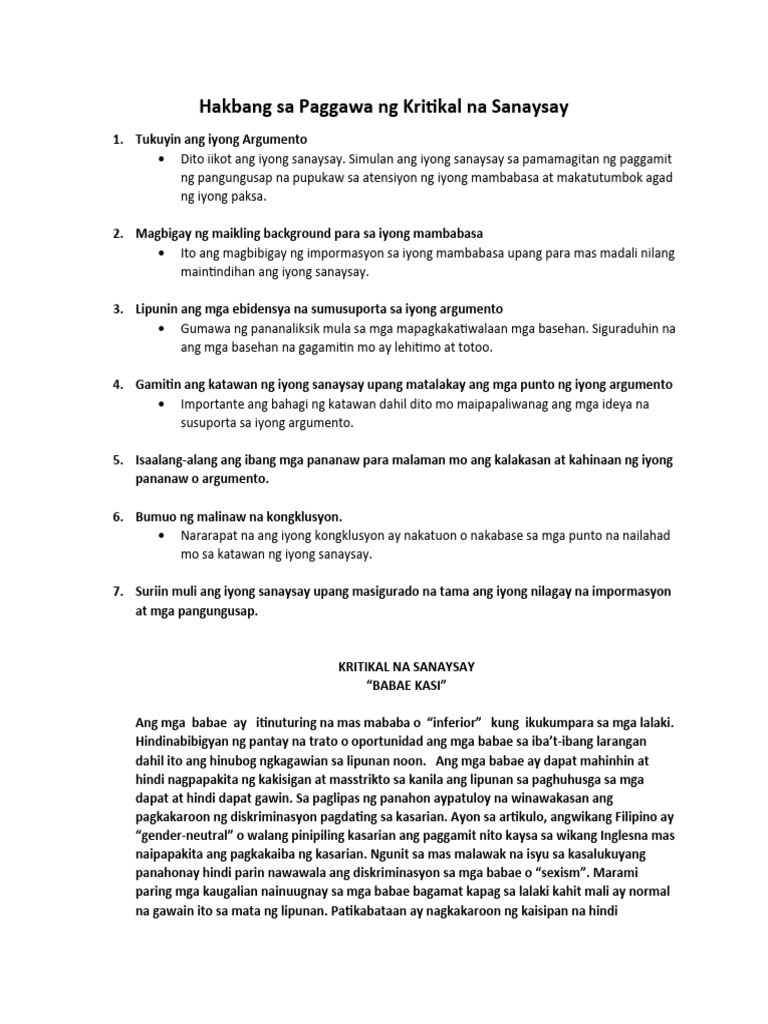 Hakbang Sa Paggawa NG Kritikal Na Sanaysay | PDF