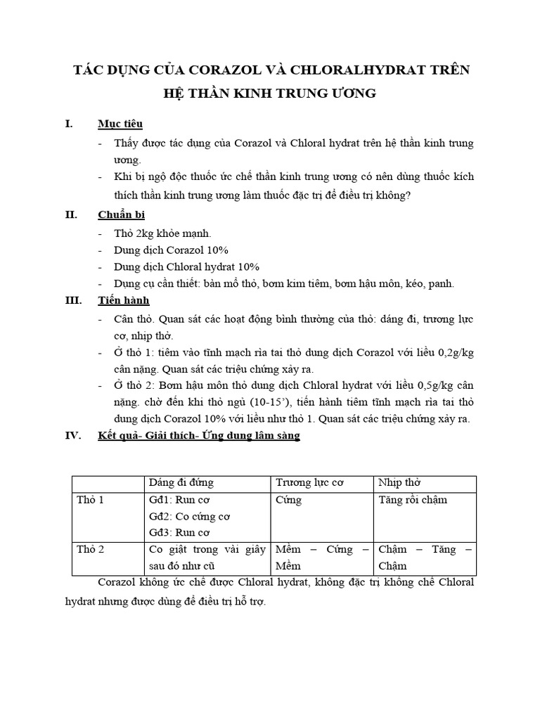 TÁC DỤNG CỦA CORAZOL VÀ CHLORALHYDRAT TRÊN HỆ THẦN KINH TRUNG ƯƠNG | PDF