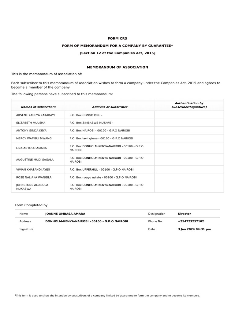 CR3 Form for Company Formation Kenya | PDF