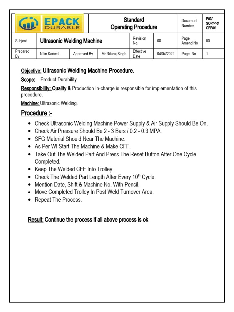 SOP Ultrasonic Welding Machine | PDF