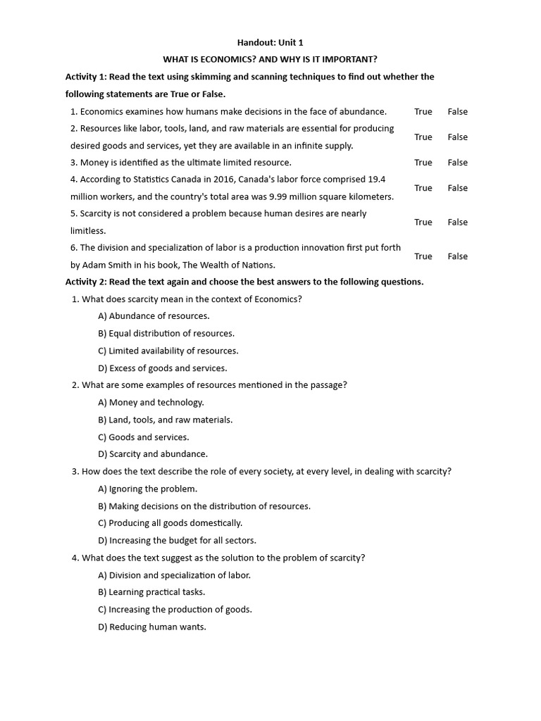 Handout - Unit 1 - ECONOMICS. KO KEY | PDF