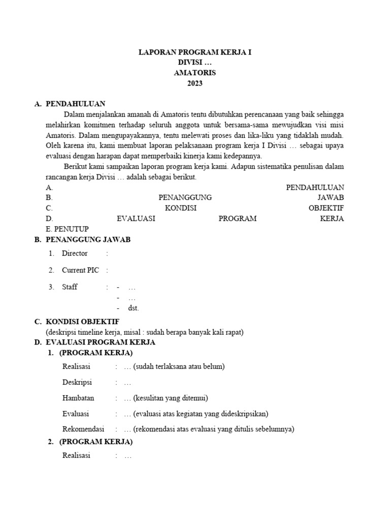 Format Draft Laporan Program Kerja I Divisi ... | PDF