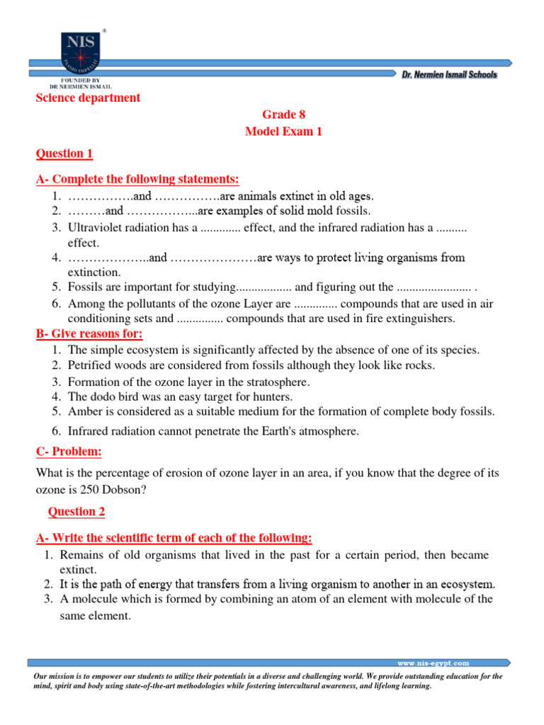 Science Department Grade 8 Model Exam 1 A-Complete The Following ...