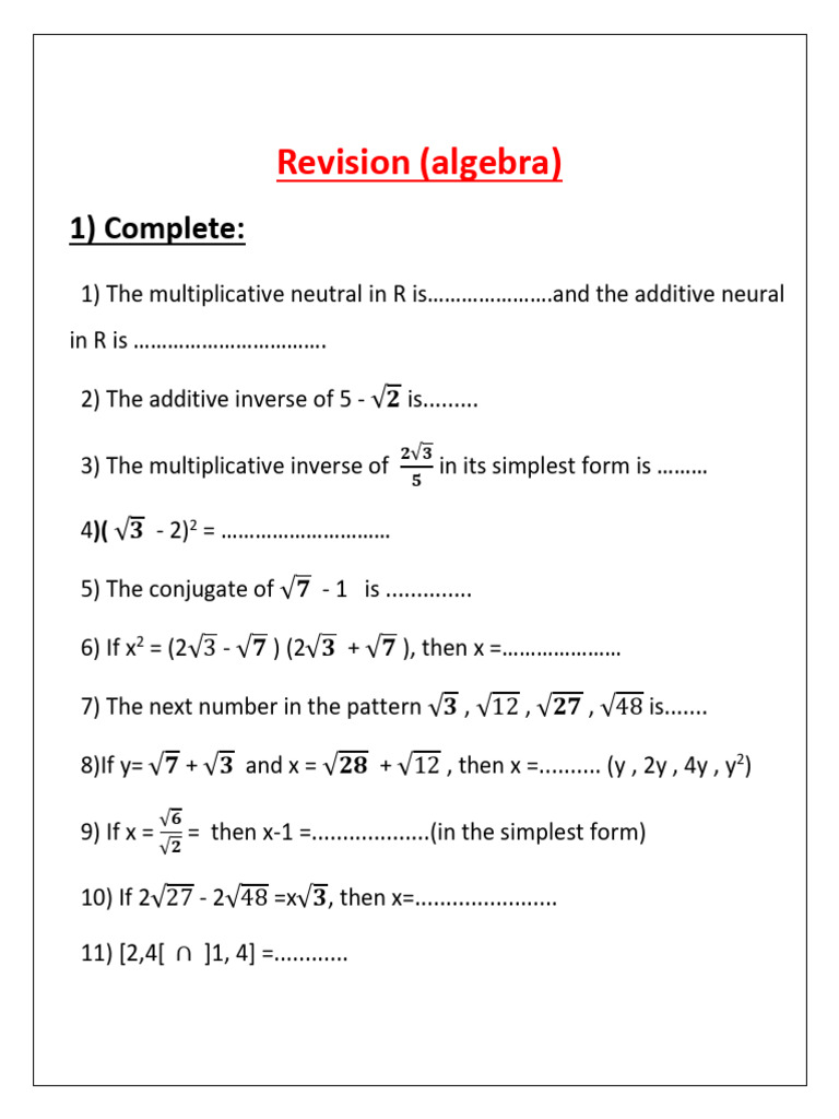 Revision (Algebra) : 1) Complete | PDF | Teaching Methods & Materials ...