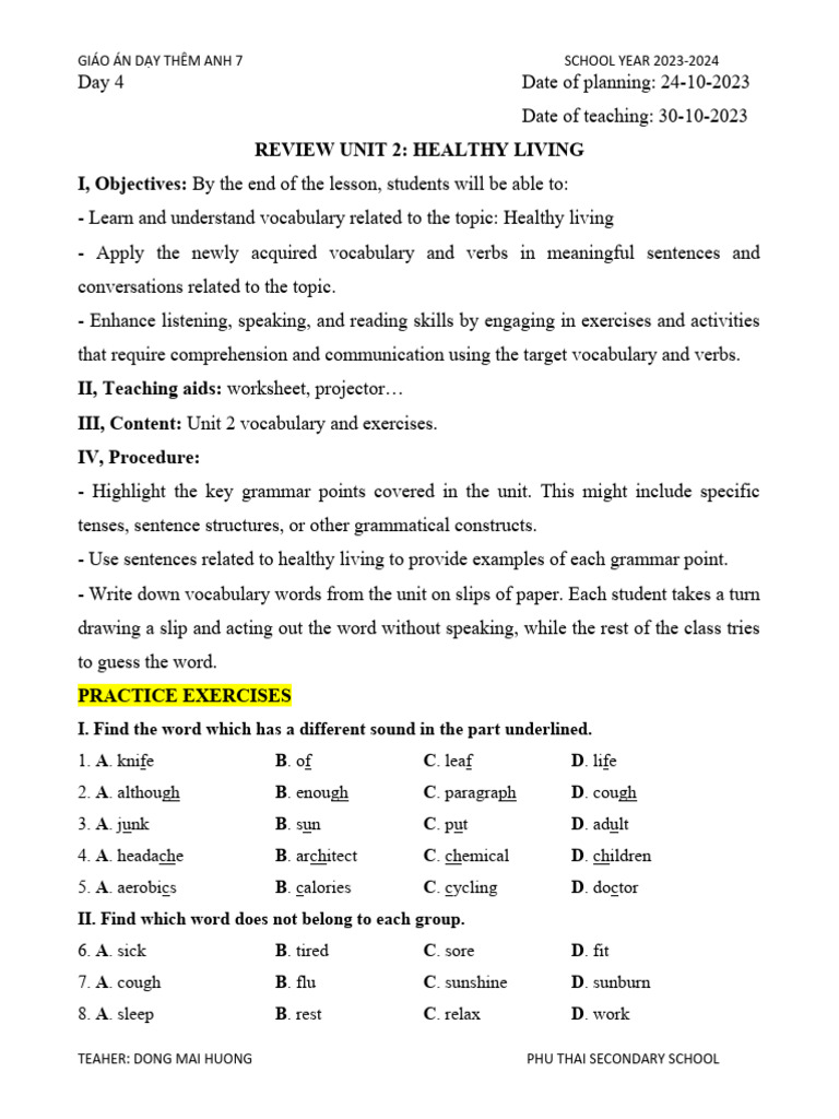 Unit 2: Healthy Living Lesson Plan | PDF
