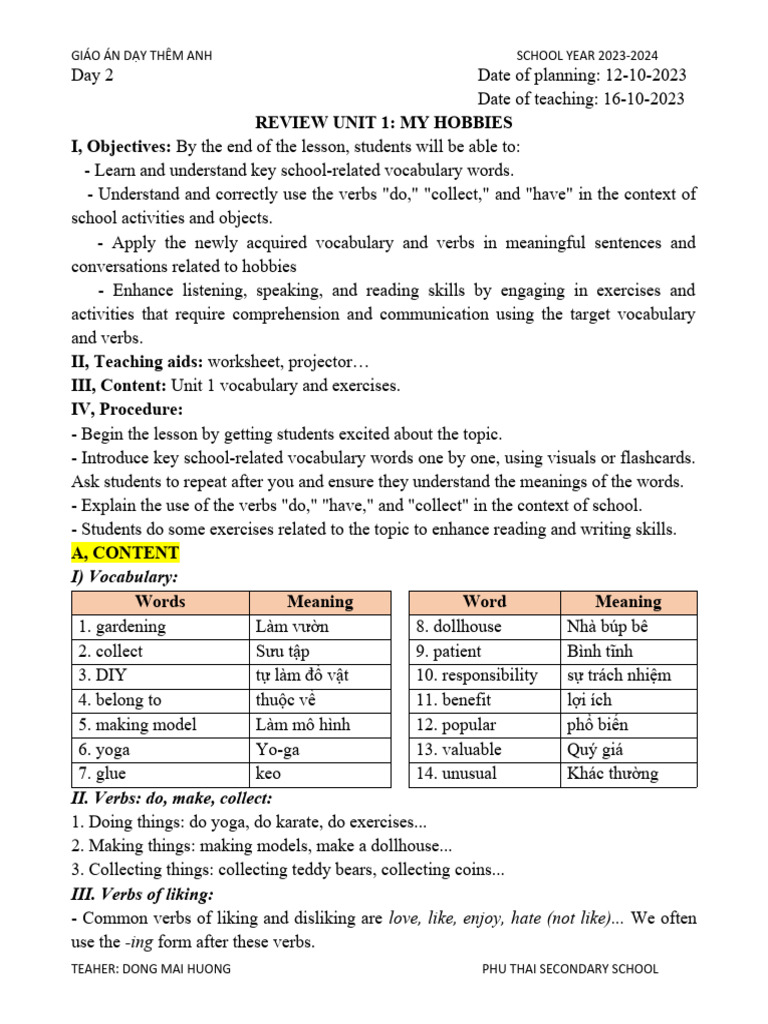 Review Unit 1: My Hobbies I, Objectives: by The End of The Lesson ...