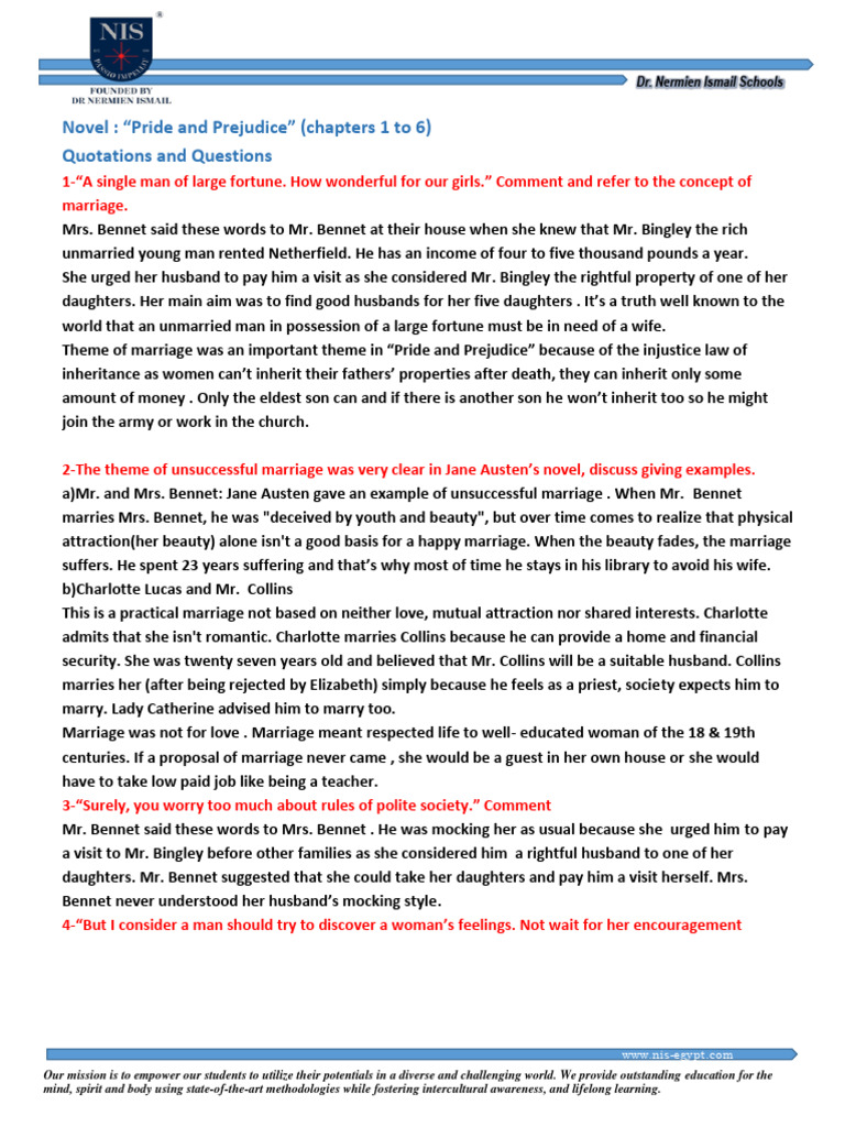 Novel: "Pride and Prejudice" (Chapters 1 To 6) Quotations and Questions ...