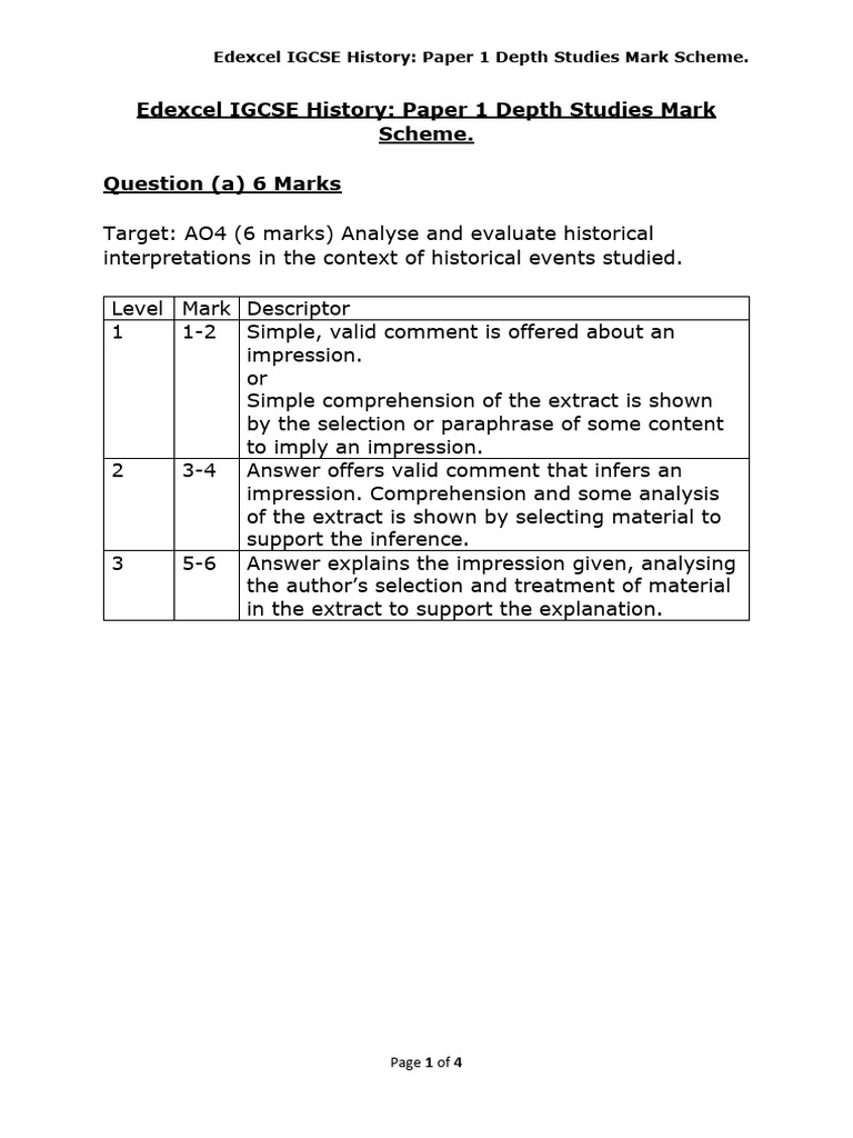 Edexcel IGCSE History Paper 1 Mark Scheme | PDF