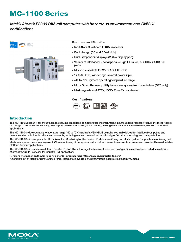 Moxa MC 1100 Series Datasheet v1.3 | PDF